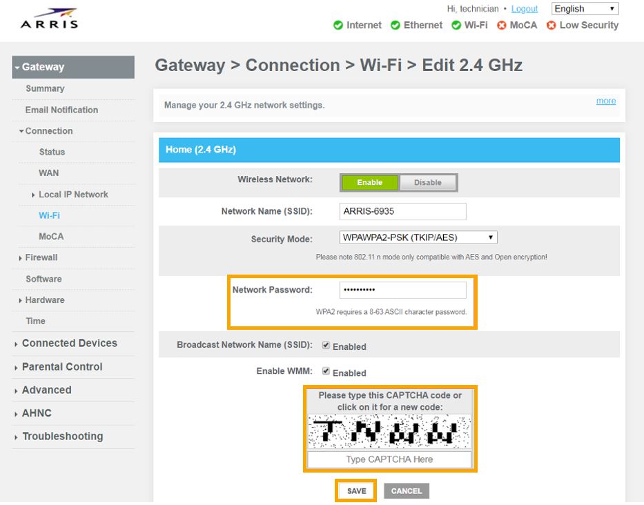 How do I change the WiFi password for Arris 3450 & Arris 9450?