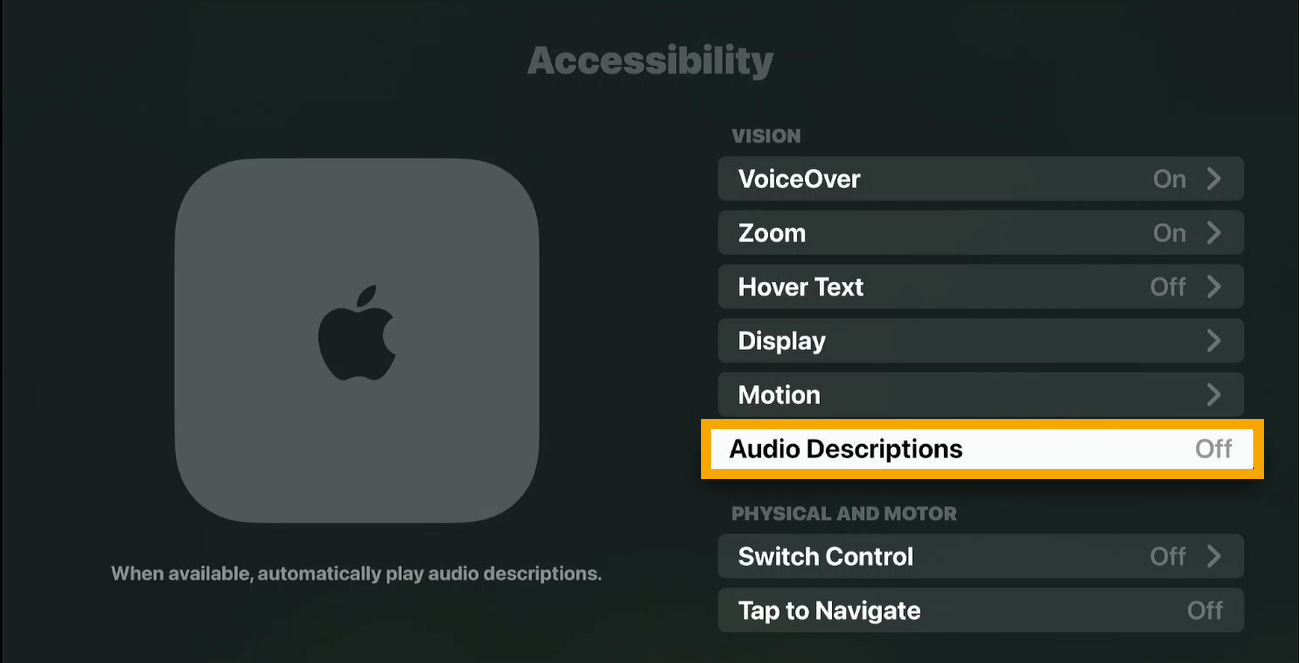 How do I access the Audio Descriptions accessibility feature for Apple TV?
