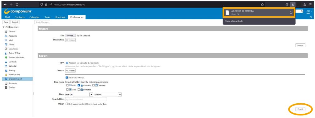 How do I export folders in Webmail?