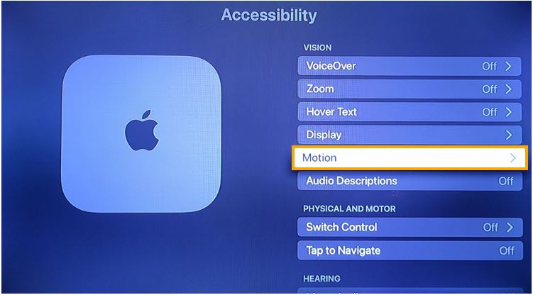 How do I access the Reduce Motion accessibility feature for Apple TV?