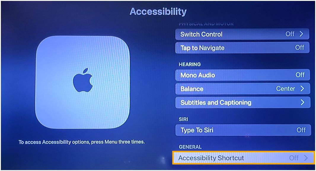 How do I enable the Accessibility Shortcut feature for Apple TV?