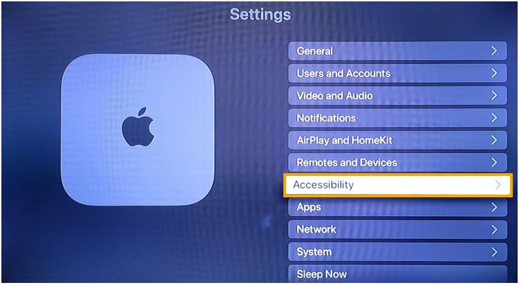 How do I access the Audio Descriptions accessibility feature for Apple TV?