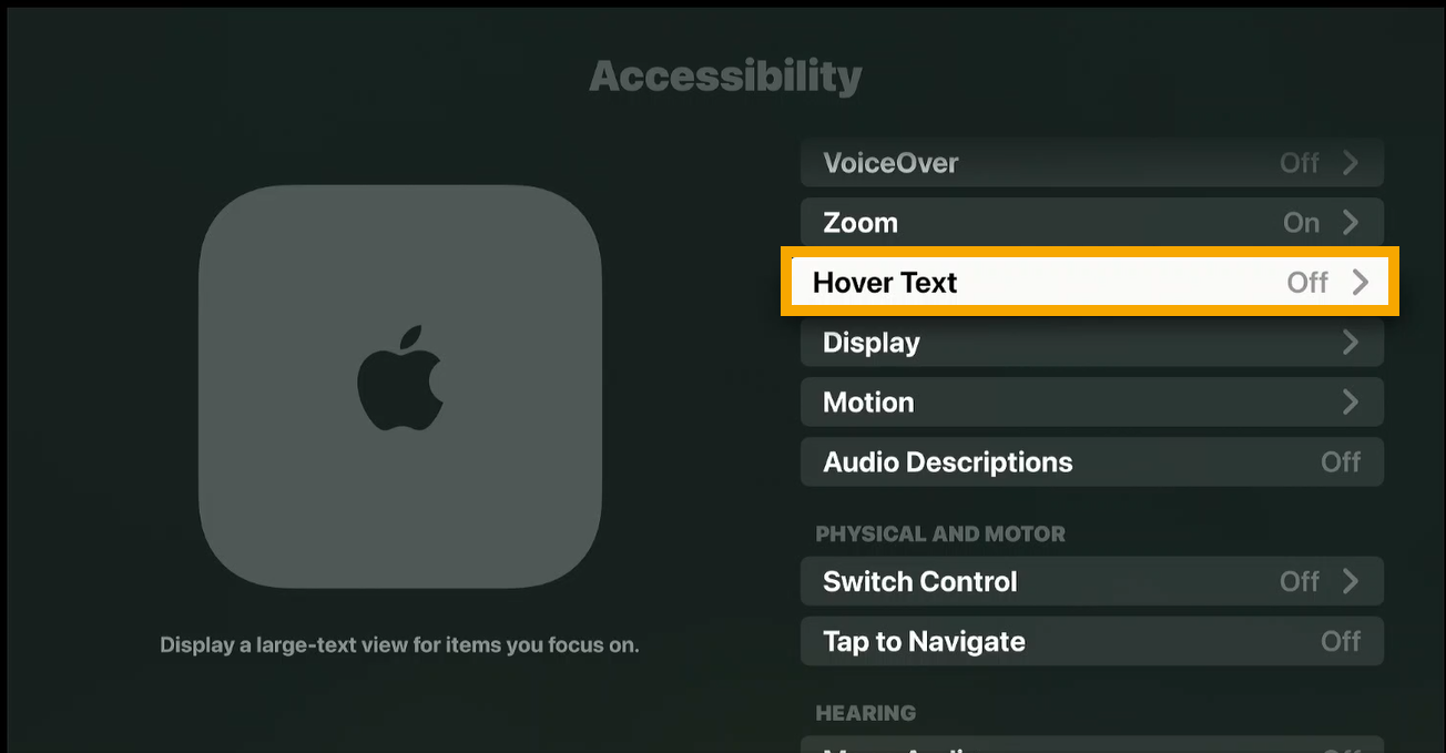 How do I access the Hover text accessibility feature for Apple TV?