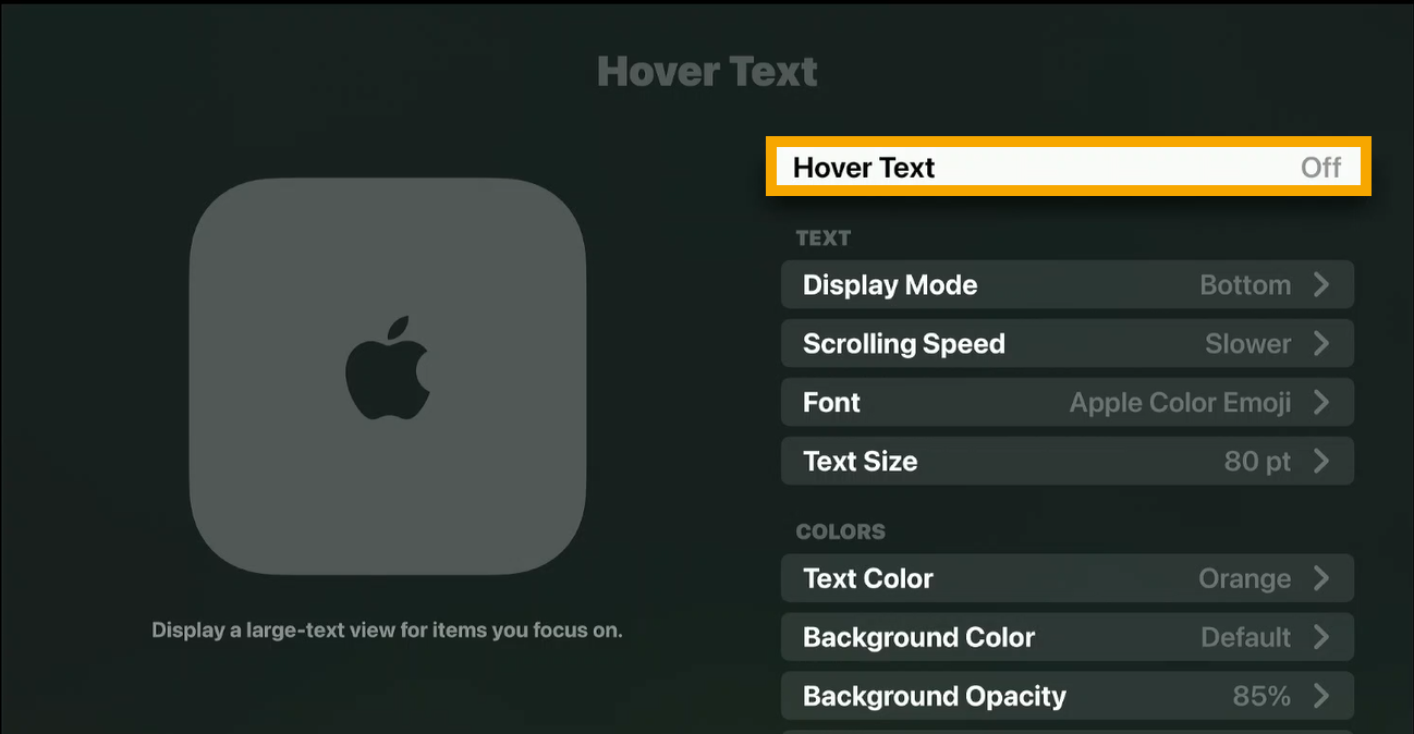 How do I access the Hover text accessibility feature for Apple TV?